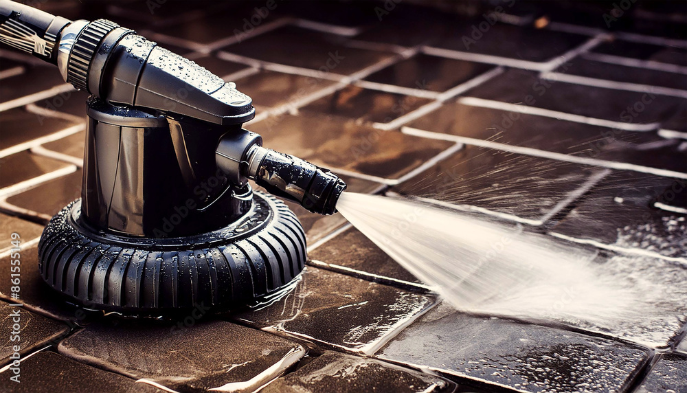 Extreme close-up of a grey and black pressure water jet cleaning ...