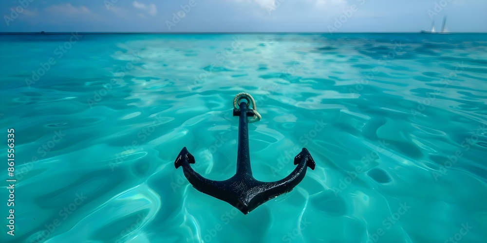 Anchor falling into turquoise ocean water captured with selective focus ...
