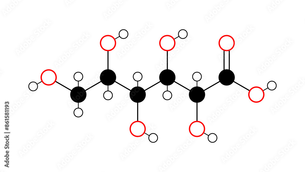 gluconic acid molecule, structural chemical formula, ball-and-stick ...