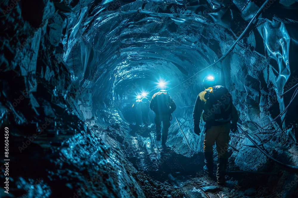 Miners in the mine, drilling through stone and rock, focused on ...