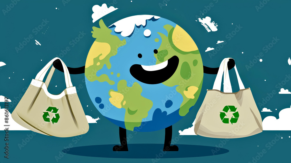 Happy Planet Earth Character Holds Fabric Eco Friendly Tote Bag With ...