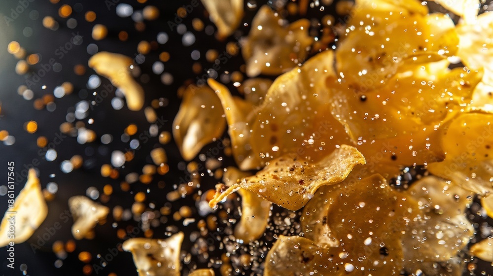 Tapioca chip slices spin and flip dramatically, showered in sparkling ...