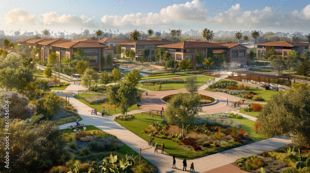 Community center with sustainable architecture and open green spaces ...