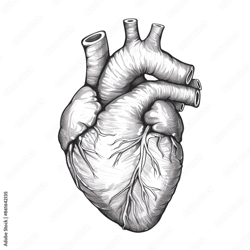 Detailed medical illustration of a human heart in grayscale, showcasing ...