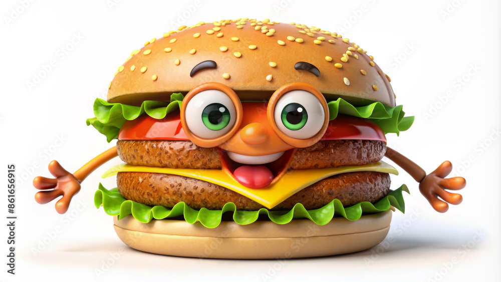 A cheerful animated cheeseburger with big eyes and a big smile spreads ...