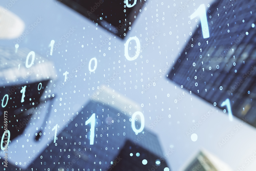 Abstract virtual binary code sketch on blurry cityscape background ...