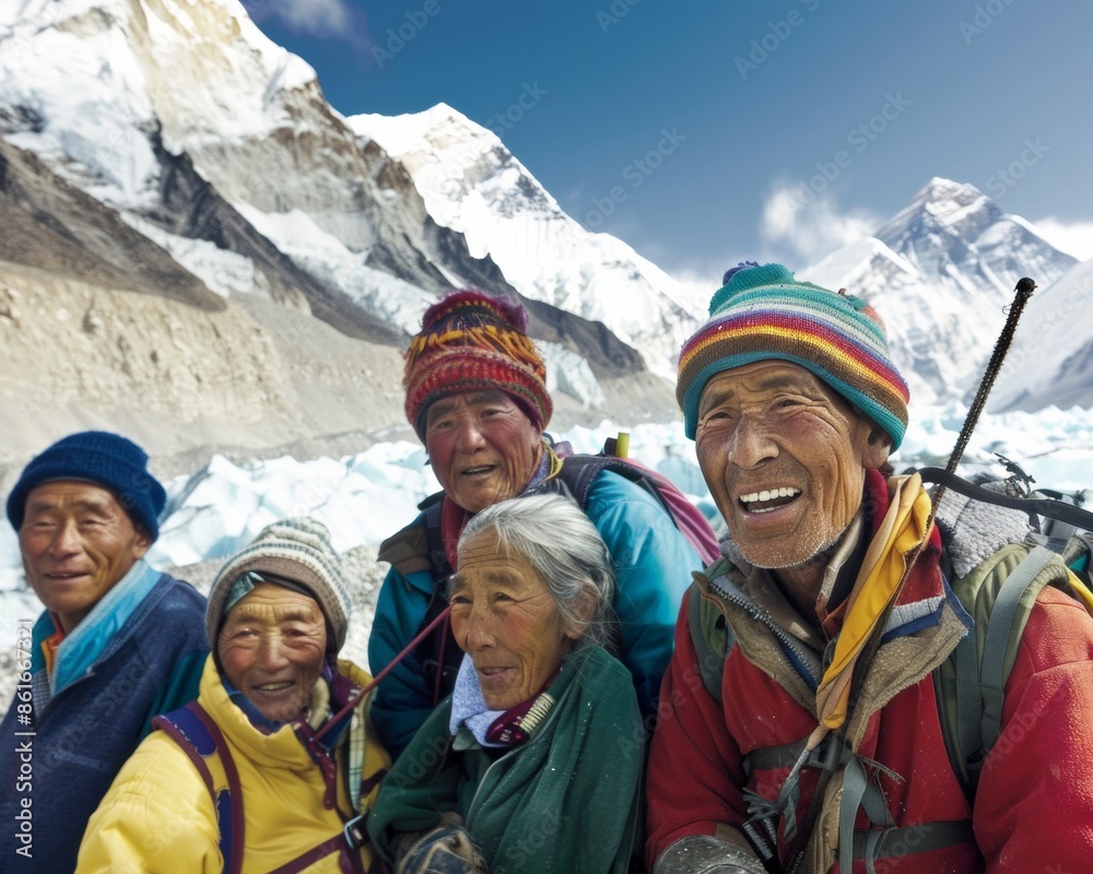 Smiling Sherpas in Traditional Attire Assisting Climbers at Mount ...