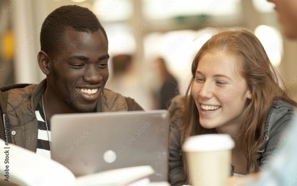 Two College Students Collaborating on a Project in a Campus Cafe ...