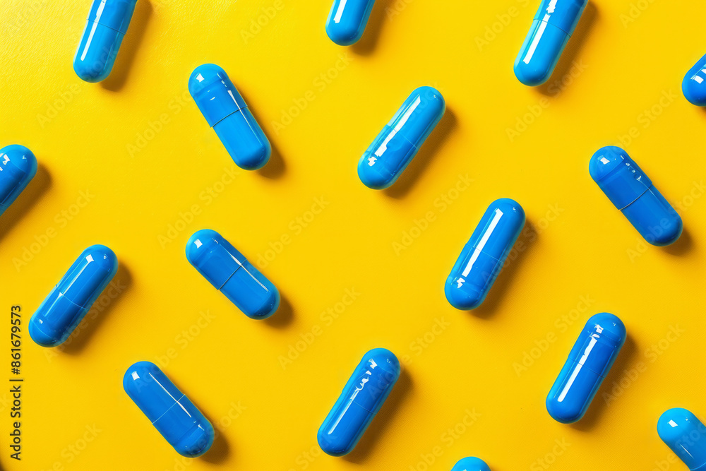 Blue pharmaceutical drug capsules isolated on empty yellow background ...