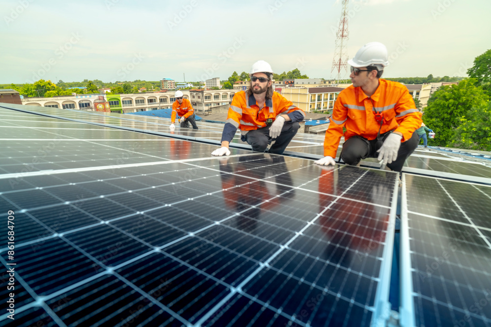 engineer man inspects construction of solar cell panel or photovoltaic ...