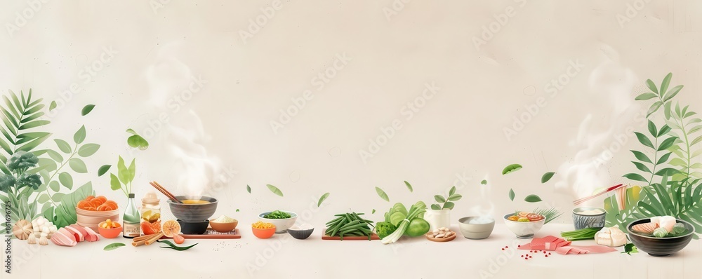 Top-down view of a traditional Japanese shabu-shabu table setup with ...