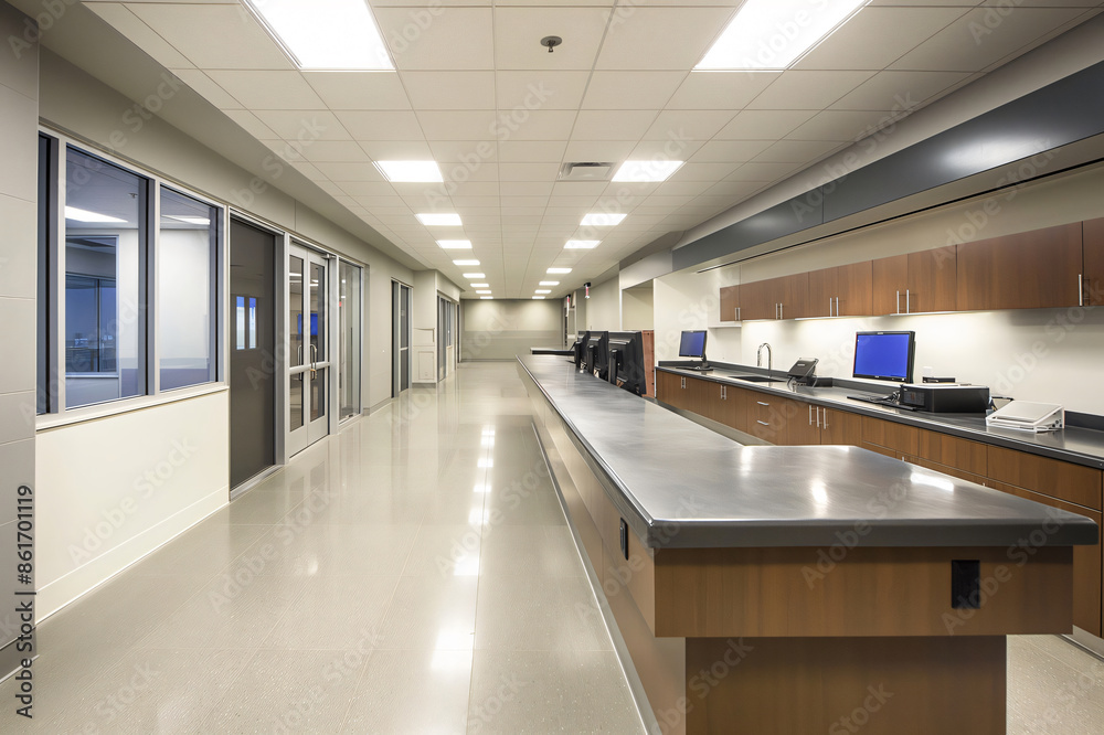 Empty interior of a modern police station featuring a long desk with ...