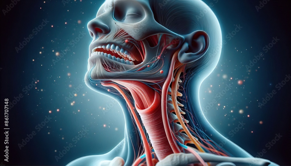 Anatomical illustration of the human head and neck showing the ...