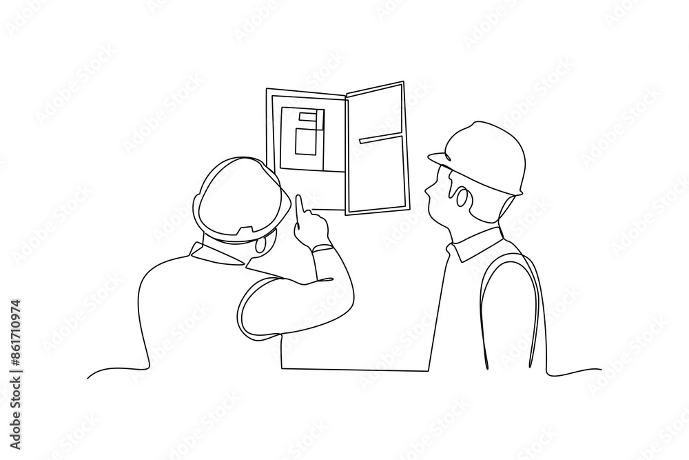 Single one line drawing of two technicians are repairing damage to the ...