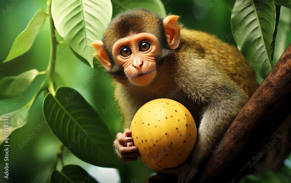 Adorable monkey holding a yellow fruit while perched on a branch in a ...