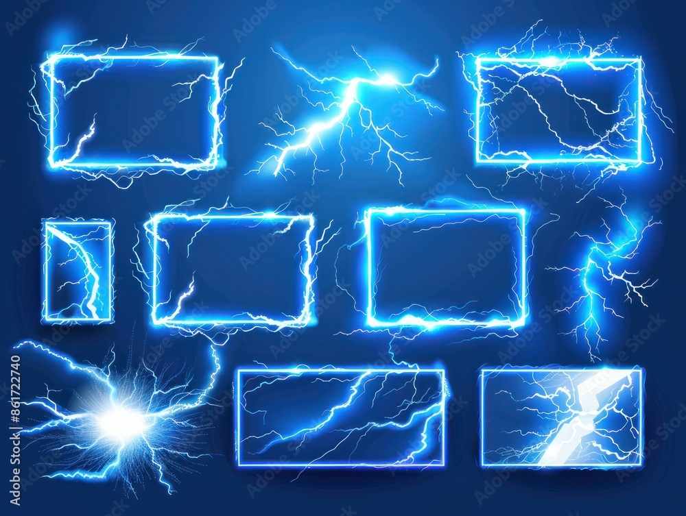 Lightning frames, blue electric borders of rectangular and square ...