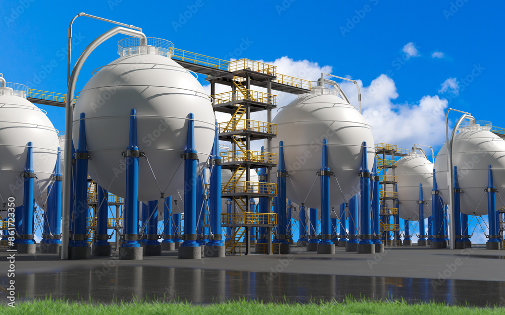 Chemical factory. Spherical high pressure tanks. BPVC under blue sky ...