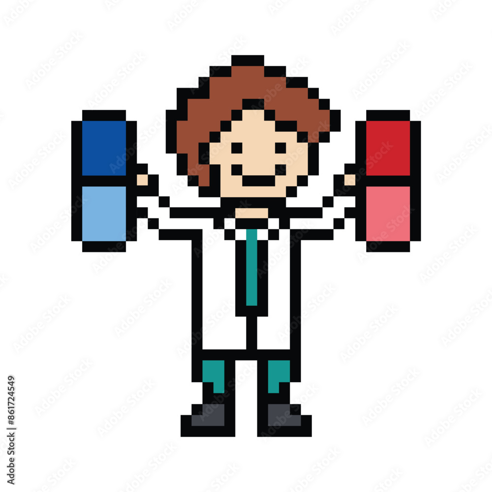 Cute pixel cartoon 8bit character doctor or scientist game health care ...