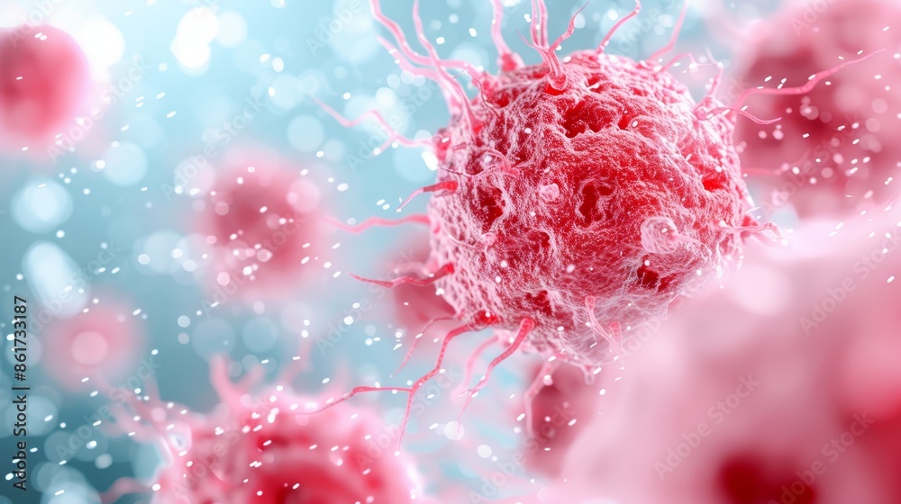 Close-up view of breast cancer cells, scientific diagram showcasing ...