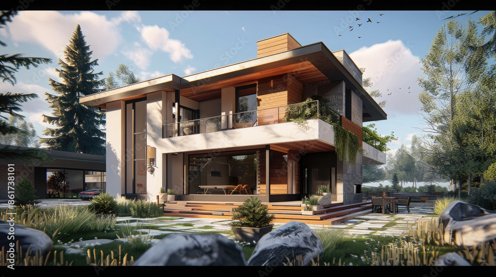 A contemporary two-story house stands proudly, showcasing an angular ...