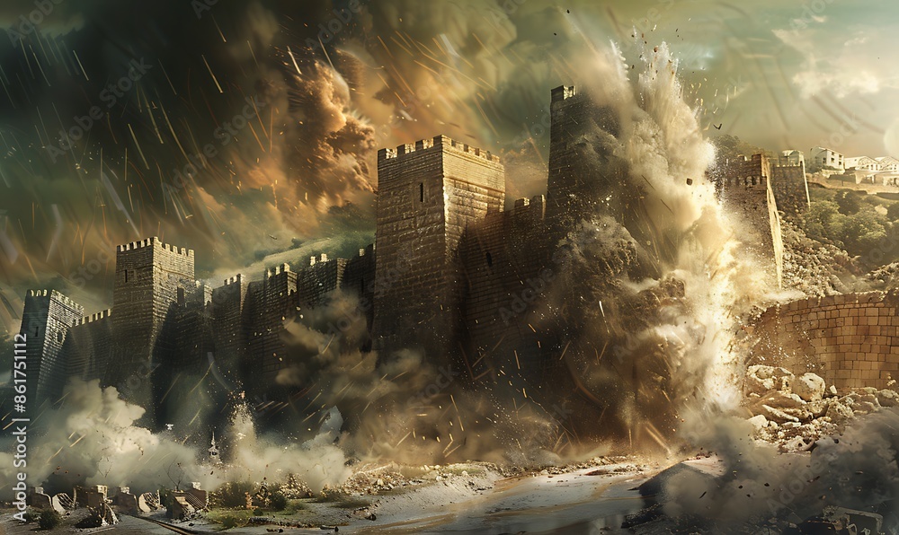 A detailed digital illustration showing Jericho's medieval castle walls ...