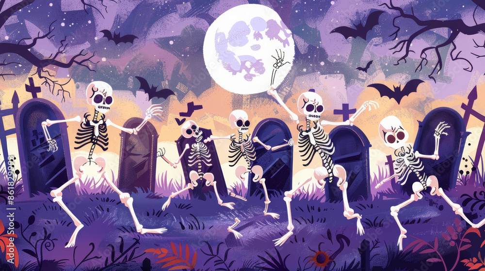 Cartoon skeletons dancing in a graveyard under the full moon. Halloween ...