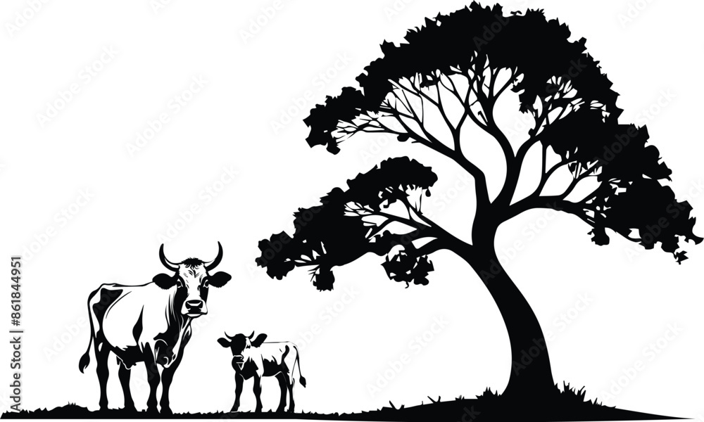 Serene Cow and Calf Beneath Tree – Rustic Farmhouse Art Stock Vector ...