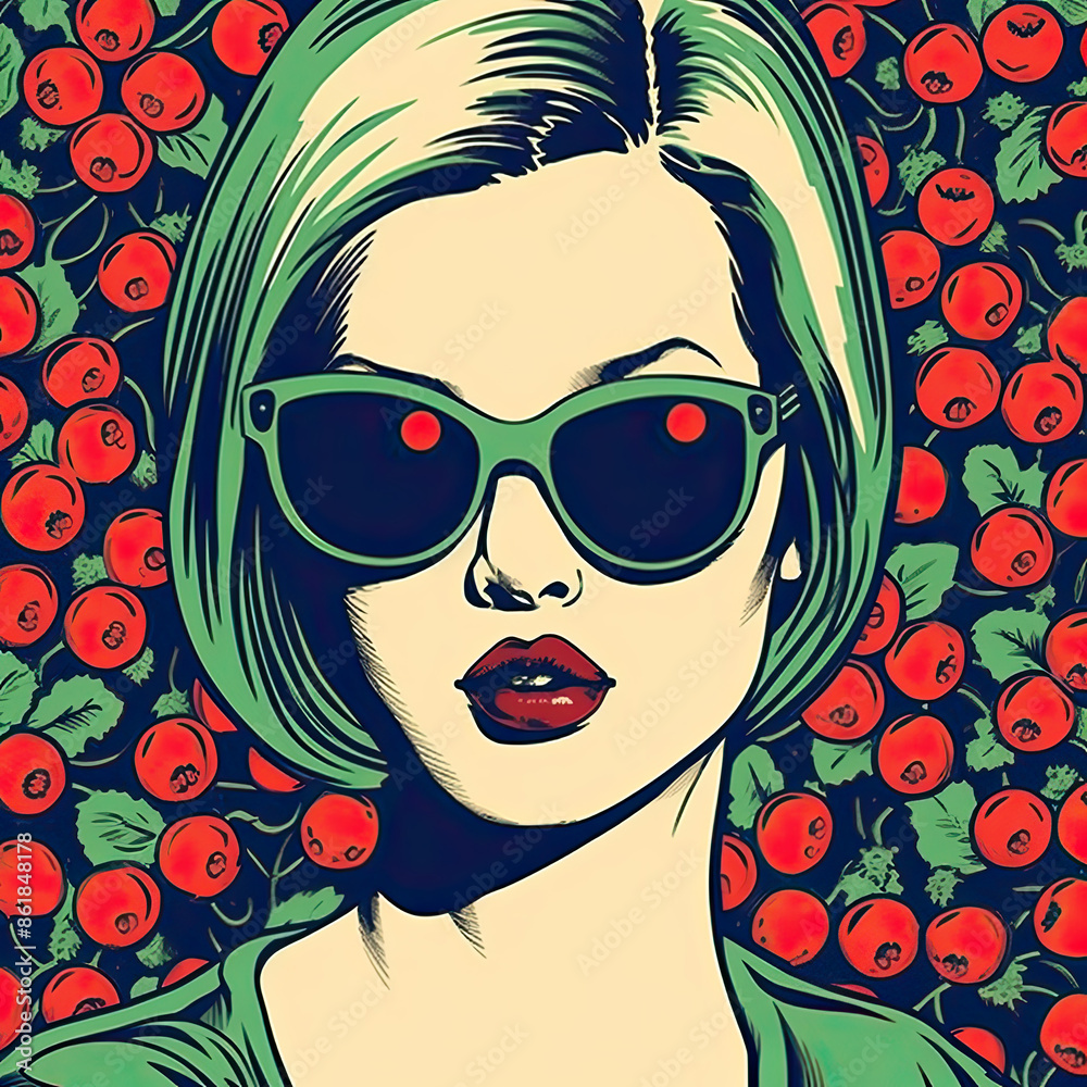 Pop Art Woman with Sunglasses and Cherry Background. A retro, bold, and ...