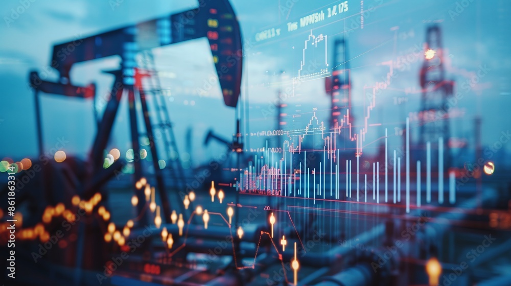 Double exposure image depicting oil pumpjacks in an oil field combined ...