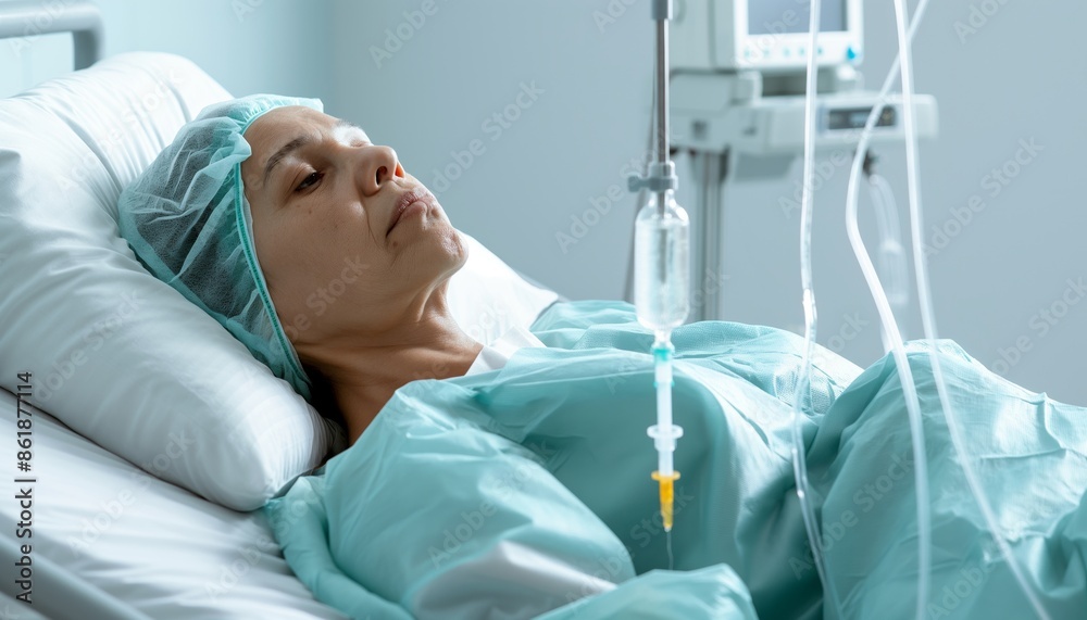A patient in a surgical gown receiving IV infusion in a hospital bed ...