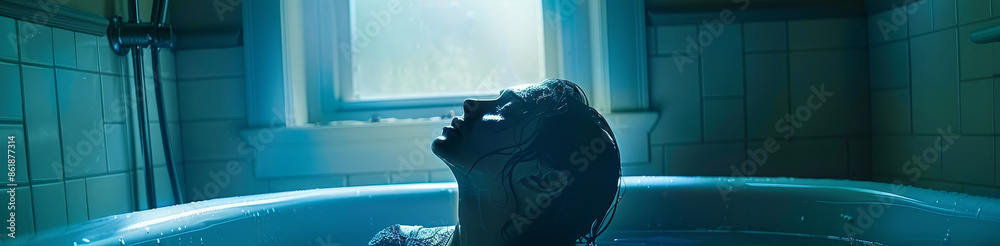 Sorrowful Woman Crying Alone in a Dimly Lit Bathtub Surrounded by Deep ...