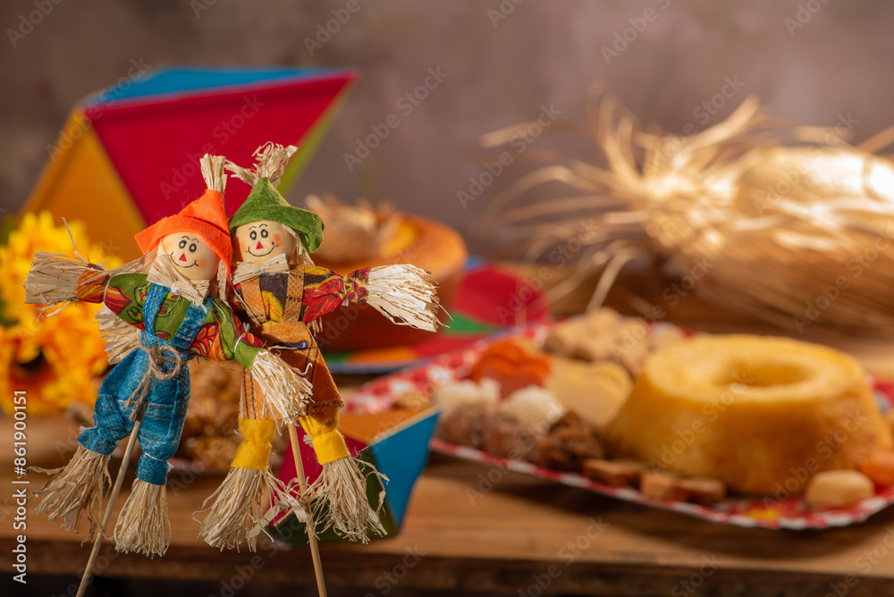 Festa Junina, straw dolls in front and in the blurred background a ...