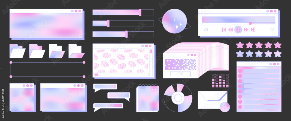 Retro computer interface in y2k style. Windows, player, loading and ...