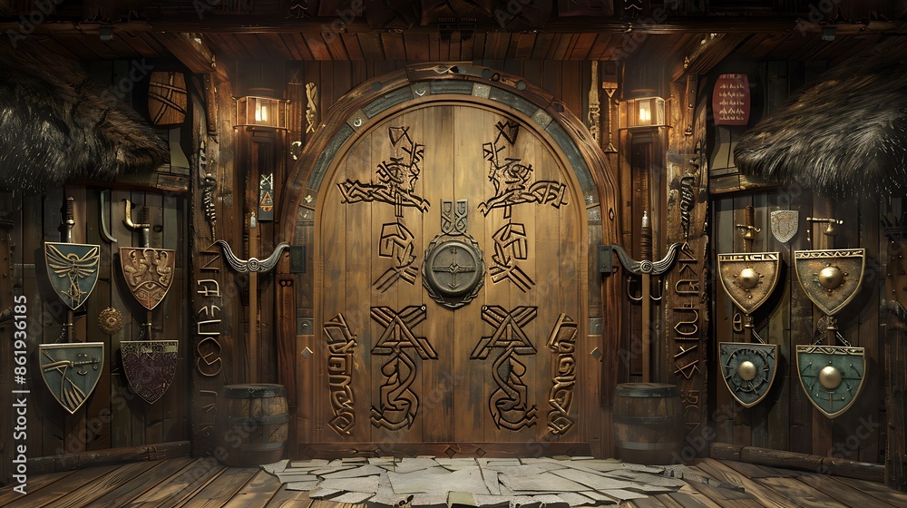 Viking-inspired entryway with a wooden door adorned with carved runes ...