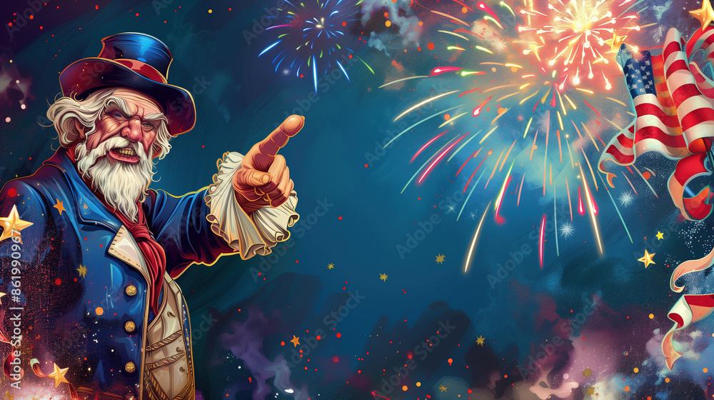 Patriotic Uncle Sam Independence Day Banner with Fireworks and American ...