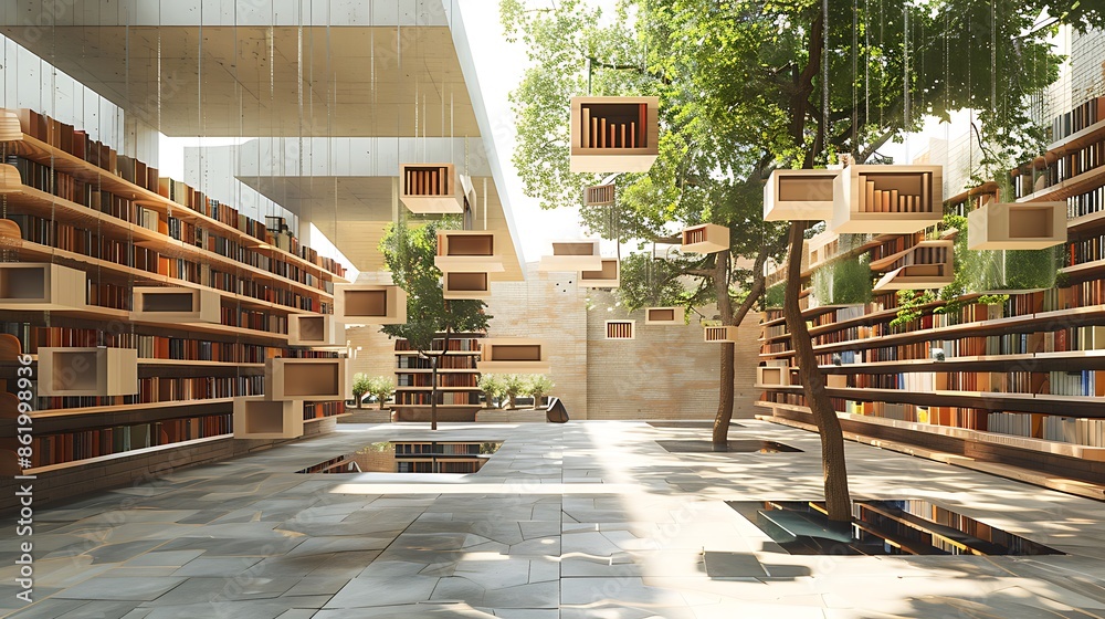 conceptual public library with a floating brick design, where each ...