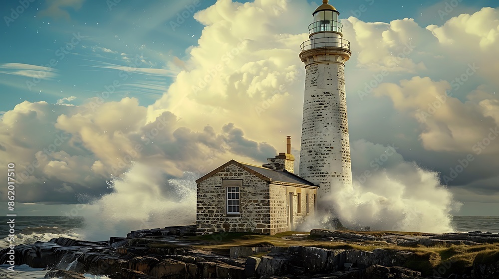historic lighthouse on a rugged coastline, its stone siding weathered ...
