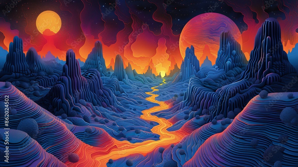 An intricate hallucination-themed illustration with surreal landscapes ...