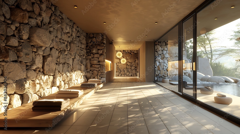 modern wellness center with walls built from heated stones, providing ...