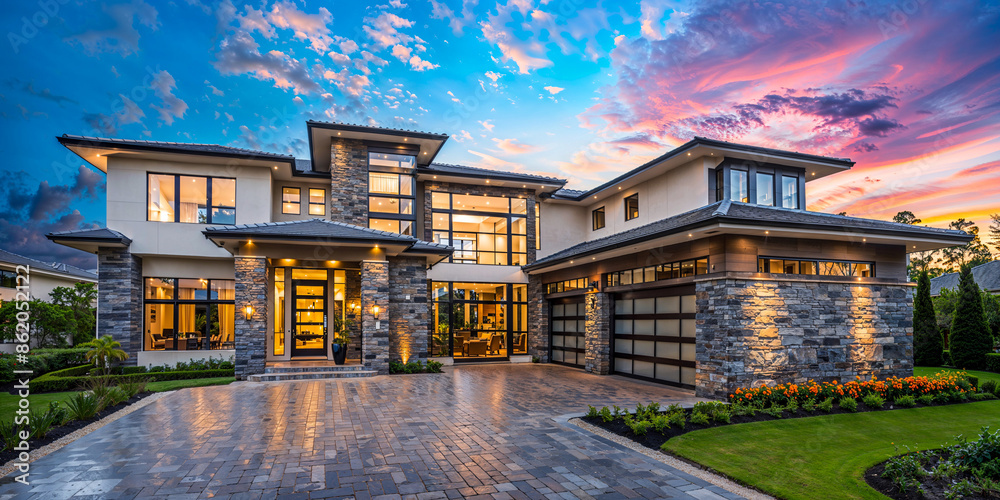 Modern luxury home exterior, evening dusk, paver driveway and faux ...