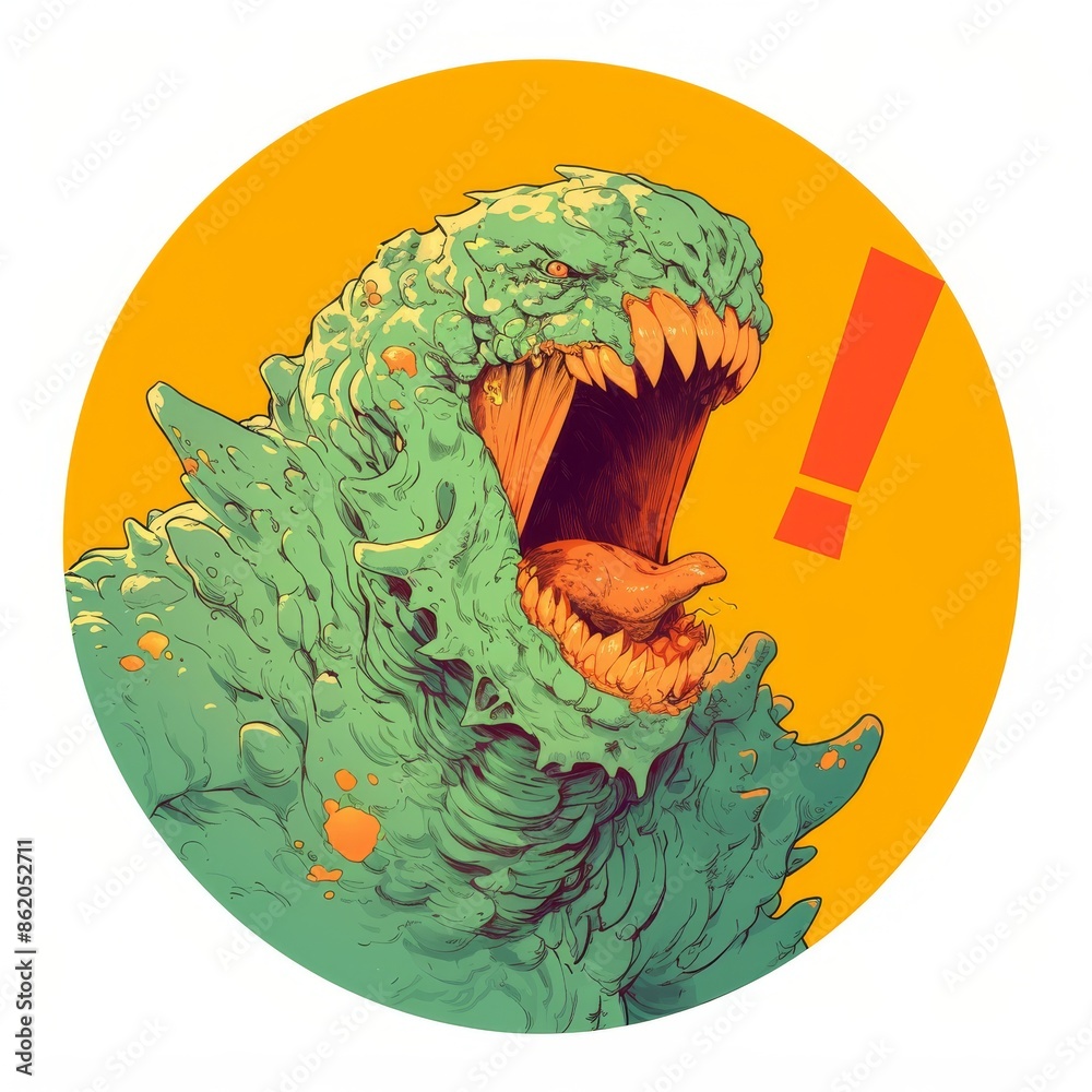 Green monster roaring with sharp teeth in a cartoon style illustration ...