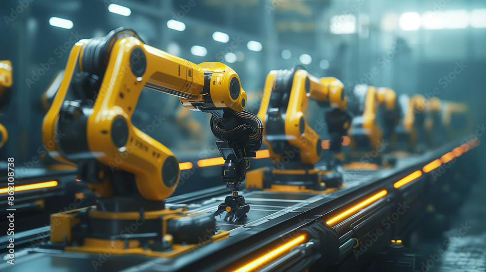 This image shows a robotic arm in a factory, showing a smooth and ...
