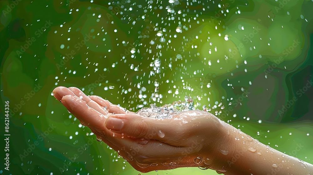 Water from tab pouring in hand on nature background, Concept for save ...