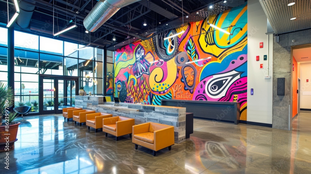 Creative office lobby with a striking mural, rich in color and ...