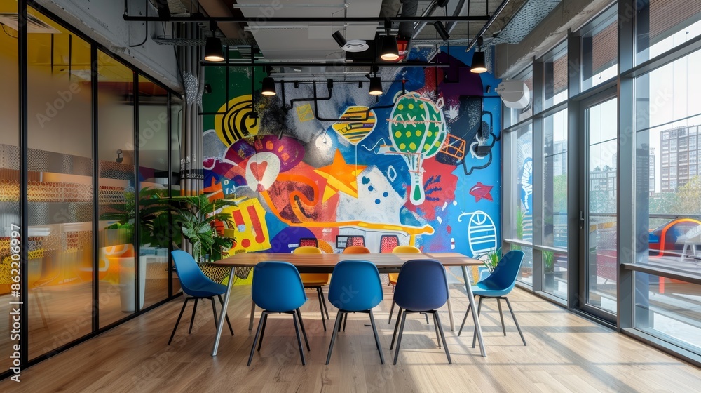 Modern meeting room with blue chairs and a vibrant wall mural ...