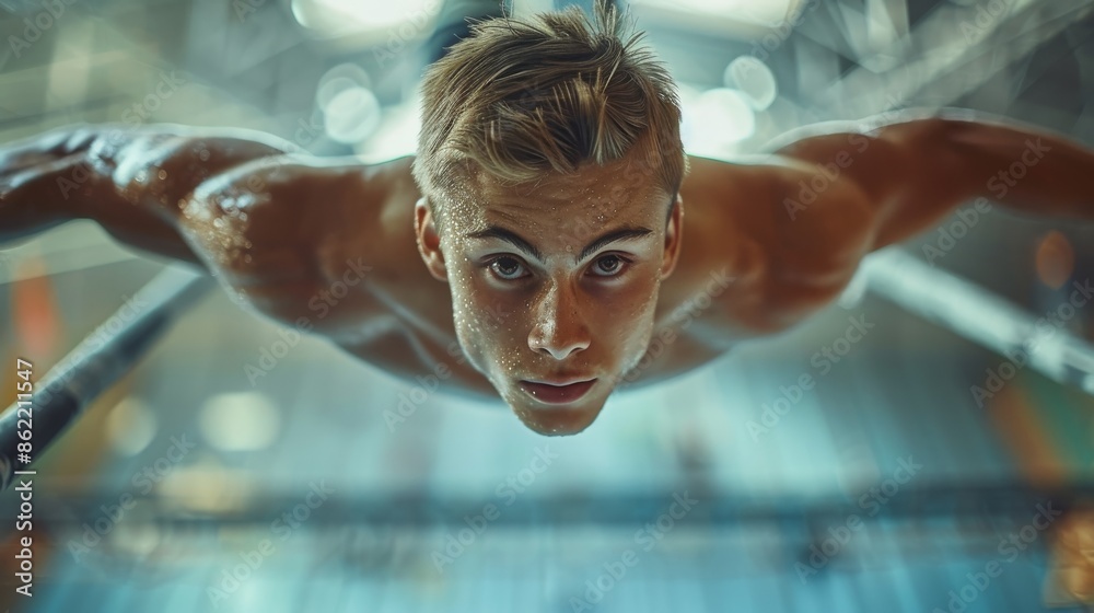 Dynamic image of a male gymnast performing on horizontal bar ...