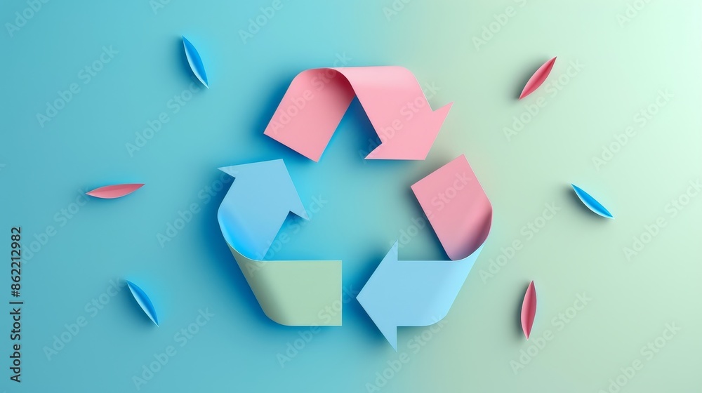 3D flat design recycling logo, environmental impact, top view, pastel ...