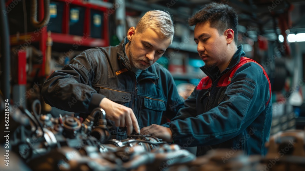 mechanic and apprentice collaboratively inspecting an engine, the ...