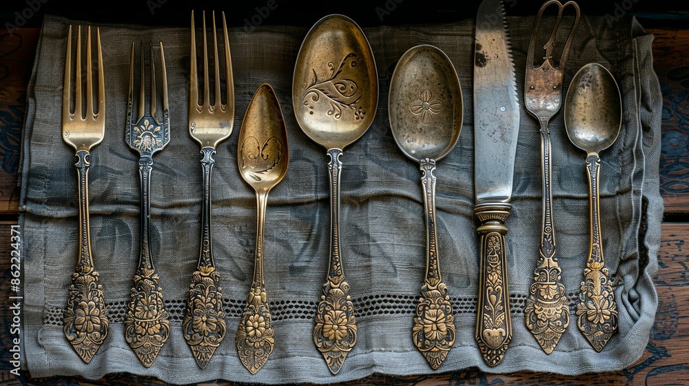 Cutlery Antique cutlery set with intricate engravings, presented on a ...