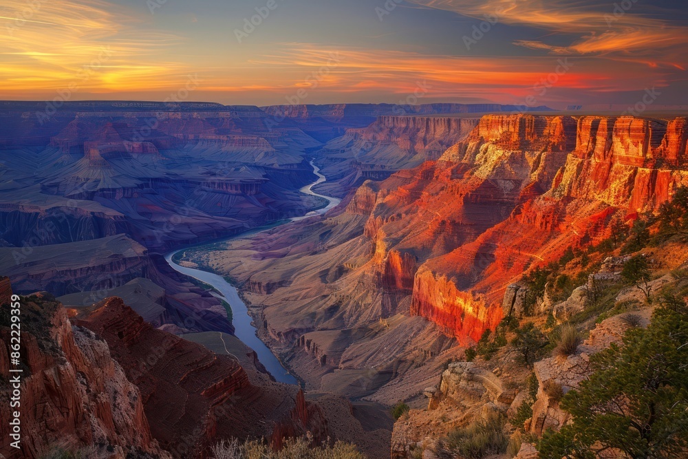 A breathtaking sunset over the Grand Canyon, casting dramatic shadows ...